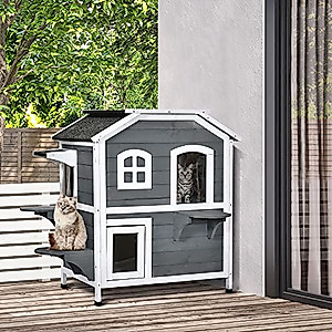 PawHut 2-Story Cat House Outdoor, Weatherproof Wooden Cat Enclosure for Feral Cats with Escape Door, Openable Roof, Jumping Platforms, Gray