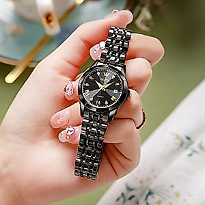 OLEVS Black Watch for Women Analog Quartz Diamond Fashion Elegant Dress Ladies Watch Stainless Steel Day Date Wrist Watches Waterproof Luminous