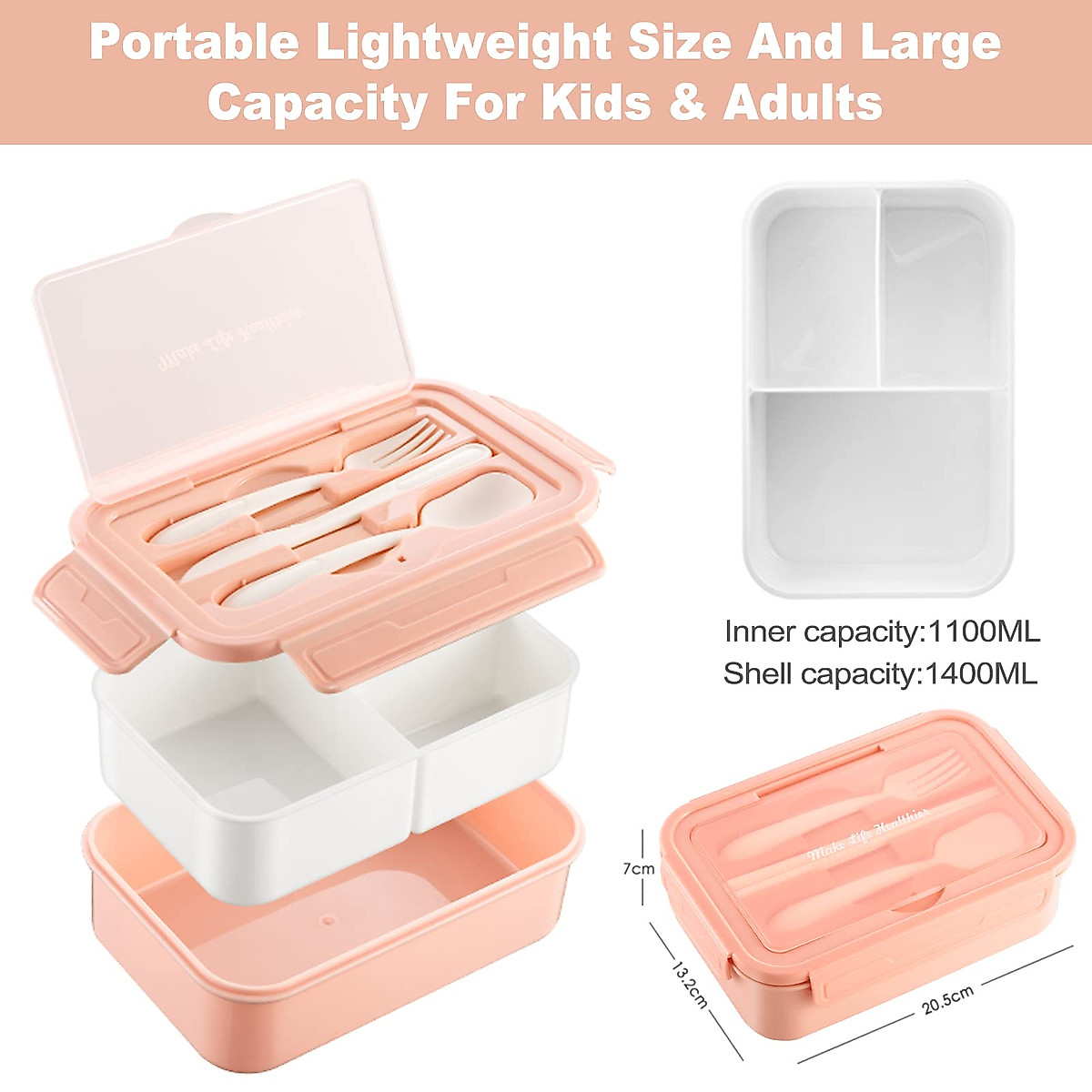 Supplim Bento Box for Adults and Kids - 1400ML Bento Lunch Box With Spoon & Knife & Fork,Leakproof 3 Compartment Lunch Food Storage Containers for Men Women