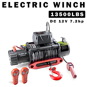 RUGCEL WINCH 13500lb Waterproof Electric Truck Winch 12V Synthetic Black Rope Jeep Winch with Hawse Fairlead,Wired Handle and 2 Wireless Remote,for Trailer and Wrangler in Car Lift