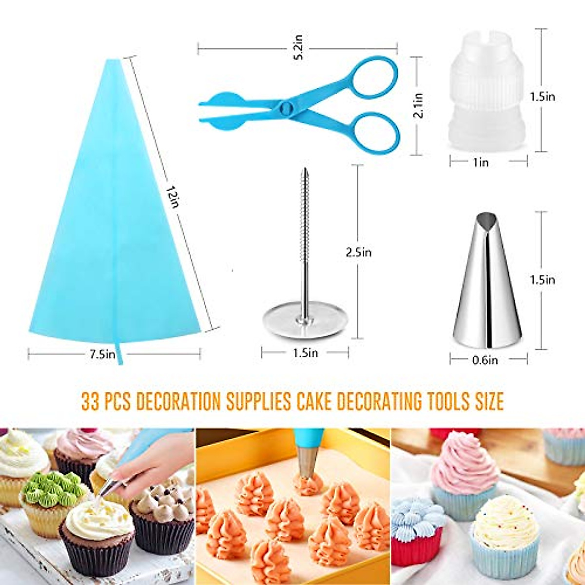 Kincown Piping Bags and Tips Set, 33pcs Frosting Piping Kit with 24 Stainless Steel Piping Tips, 2 Reusable Silicone Pastry Bags, 2 Couplers and 3 Icing Smoother, Piping Tips Set with Storage Case
