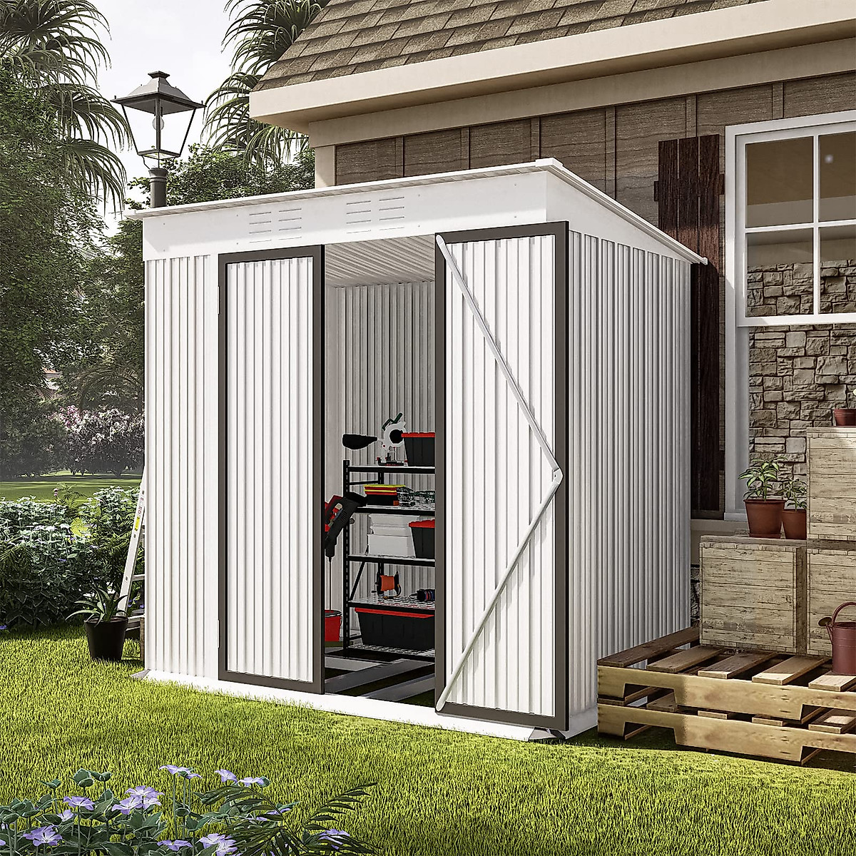 Rophefx 6' x 4' Outdoor Metal Storage Shed with Floor Frame, Outside Waterproof Tool Shed, Steel Garden Shed with Double Lockable Door for Backyard, Patio, Lawn, White & Grey