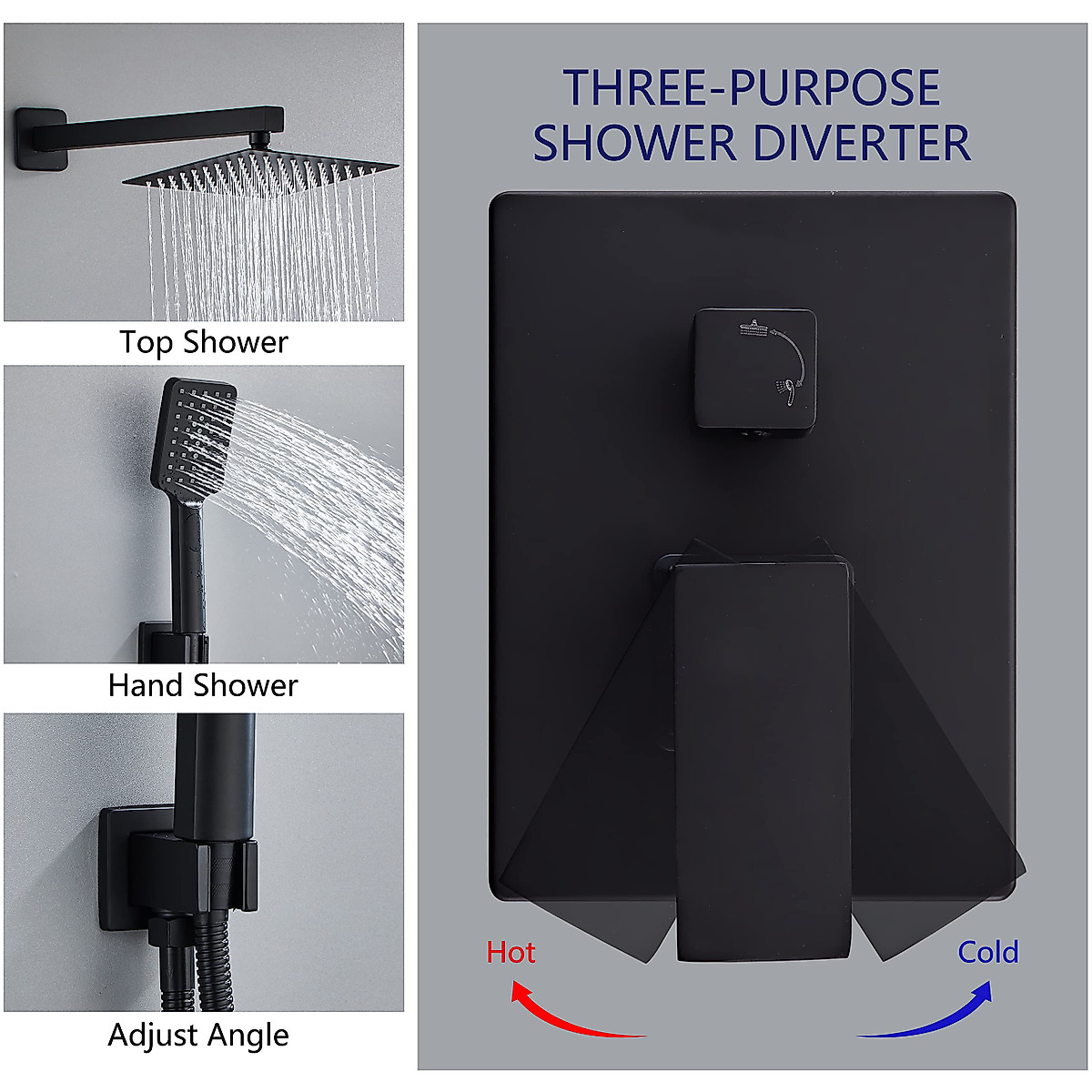 Anksaysh 8 Inch Shower System with Tub Spout, Black Shower Faucet Set for Bathroom, Square High Pressure Shower Head, 2-Setting Handheld Faucets Sets, Wall Mounted Rainfall Shower Valve Kit