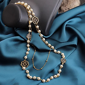 Designer Imitation Pearl Neckalce Camellia Flower Long Double Stranded Necklace Jewelry for Woman Pearl Jewellery