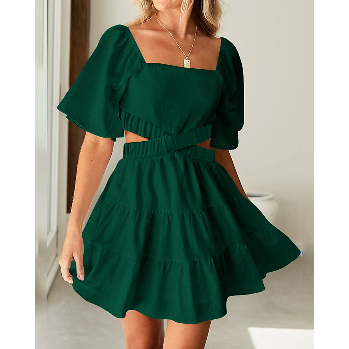 BTFBM Women Summer Dresses 2023 Square Neck Short Sleeve Cutout Crossover Waist Casual Party Tiered A-Line Mini Dress(Solid Green, Small)