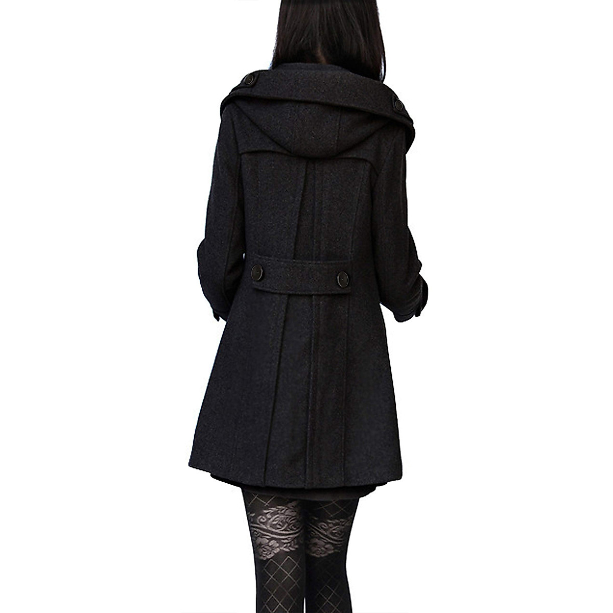 Tanming Women's Warm Double Breasted Wool Pea Coat Trench Coat Jacket with Hood (Black-XL)