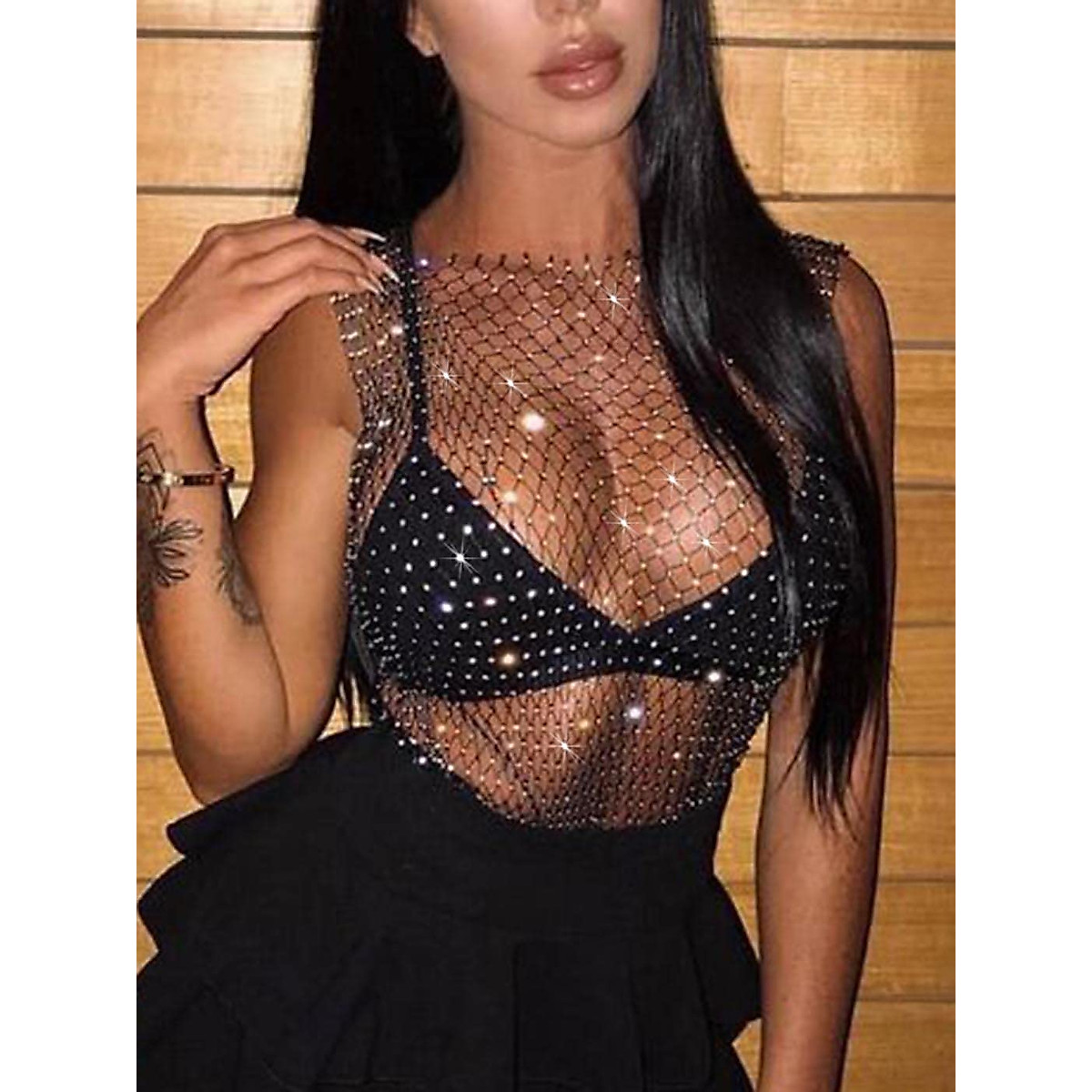 Yokawe Mesh Crystal Body Chain Black Rhinestone Fishnet Tank Tops See Through Bikini Party Body Accessories Jewelry for Women (Black)