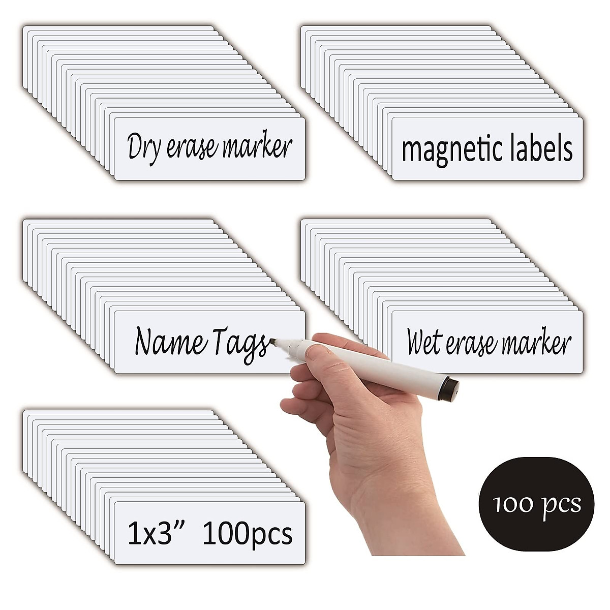 STTMGN Dry Erase Magnetic Name Tags,Magnets for Classroom(1x3",Pack of 100),Write On Labels,Waterproof/Reusable for Office&File Cabinet&Whiteboard&Fridge(White)