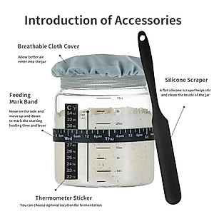 Wissy&Konny Sourdough Starter Jar 2Pack 35OZ with Ounce Scale Line,Date Marked Feeding Band, Thermometer, Sourdough Jar Scraper, Cloth Cover & Wood Lid, Wide Mouth for Sourdough Bread Baking