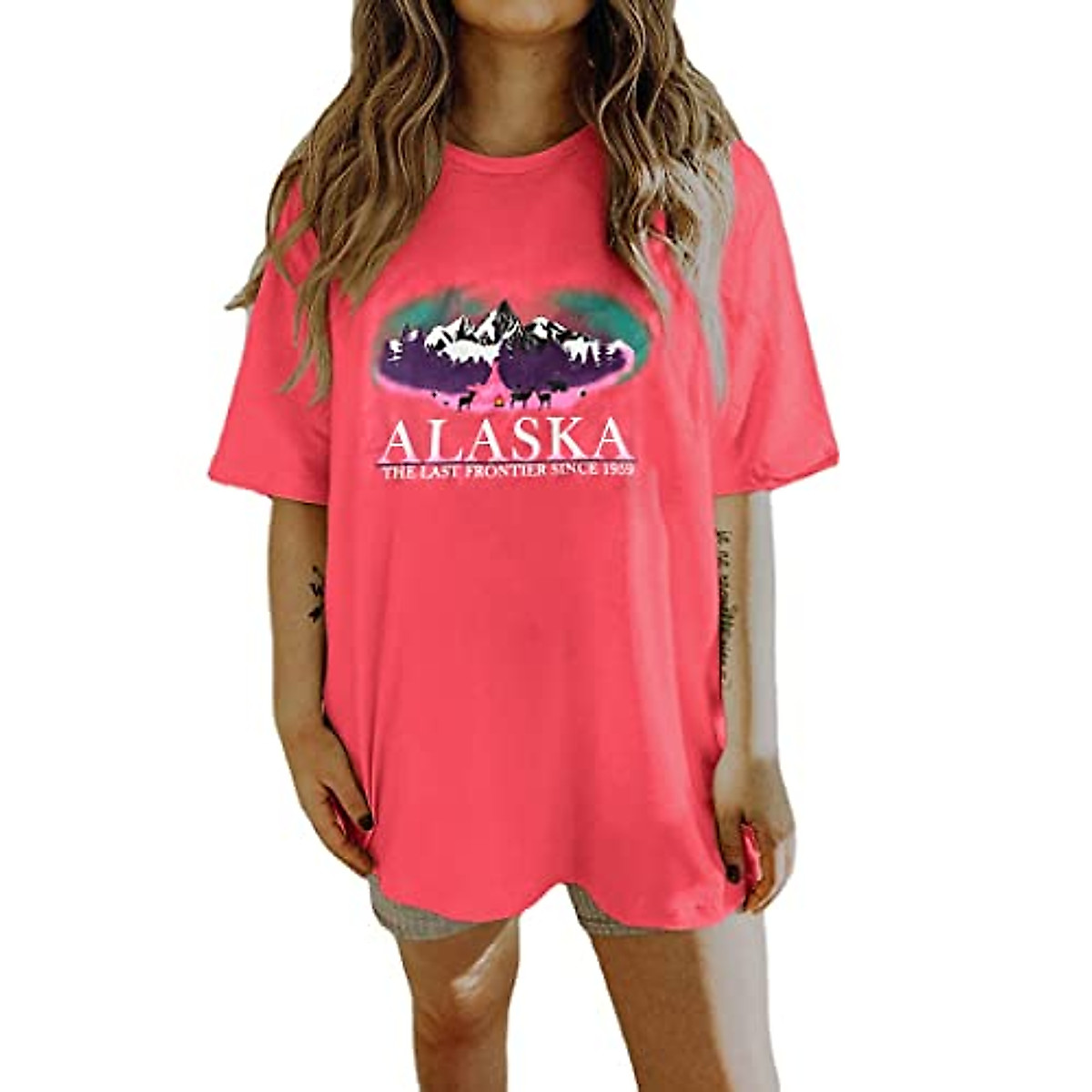 CSDAJIO Women's Graphic Oversized Tshirt Vintage Half Sleeve Round Neck Baggy Tee Summer Casual Tunic Shirt OwAlaska Raspberry Medium