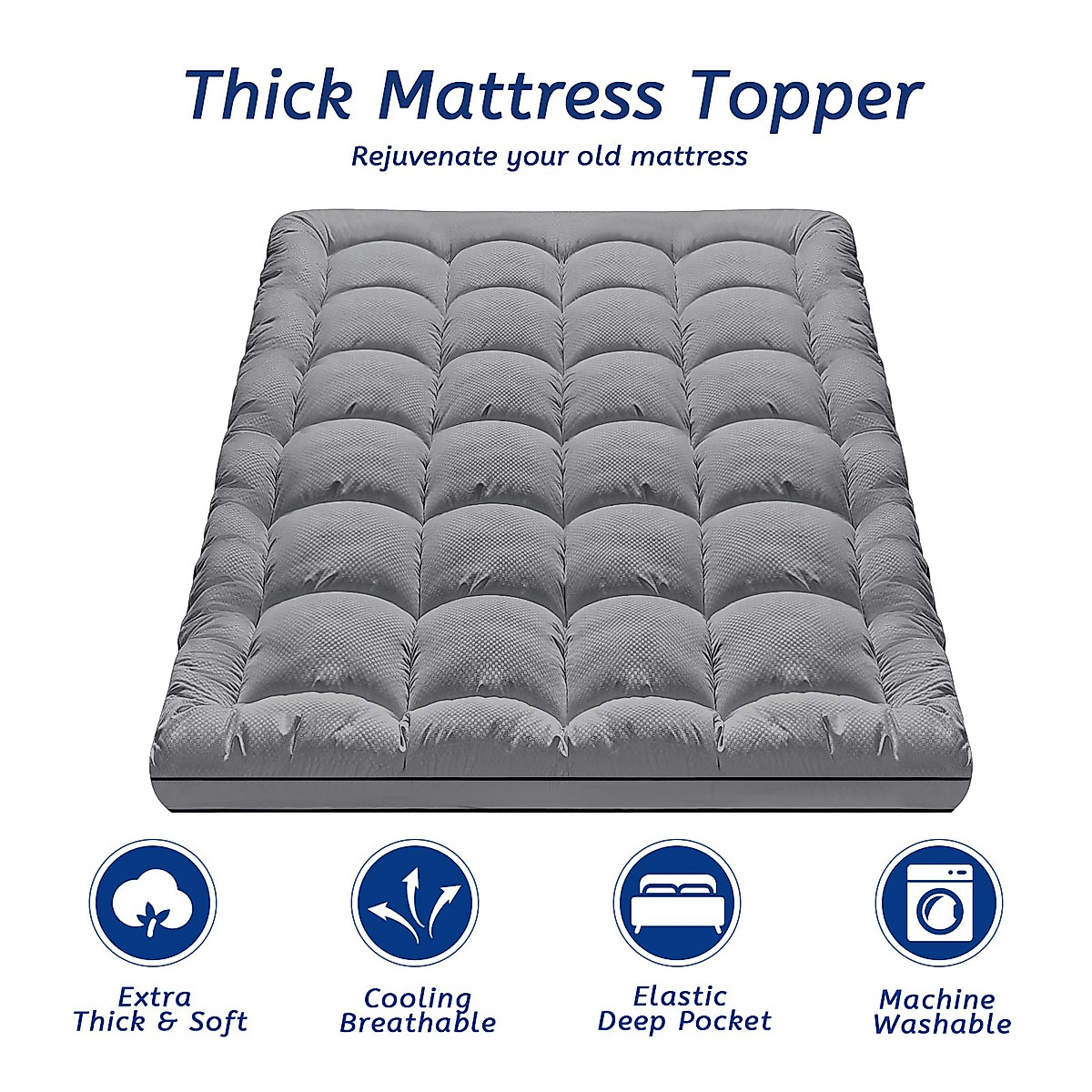 Queen Size Mattress Topper for Back Pain, Cooling Extra Thick Mattress Pad Cover with 8-21 inch Deep Pocket, Plush Pillow Top Mattress Topper Overfilled with Down Alternative, Queen Size, Dark Grey