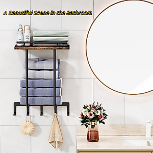 Godboat Towel Racks for Bathroom - Towel Holder with Wooden Shelf, 5 Hooks Bathroom Organizers and Storage Near Towel Warmer, Wall Mounted for Rolled Towels, Gifts for Women, Mom, Mothers Day (21")