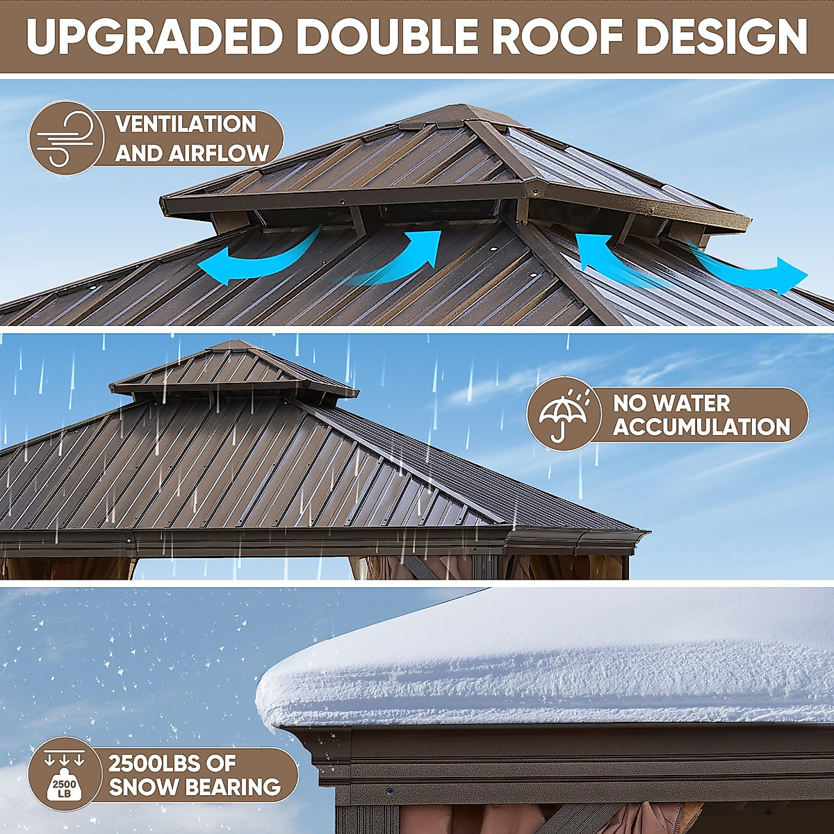 Endark 12x12FT Hardtop Gazebo with Galvanized Steel Double Roof, Outdoor Metal-Look Aluminum Frame Canopy with Netting and Removable Zippered Curtains, Pergolas for Patio, Garden, Lawn and Backyard