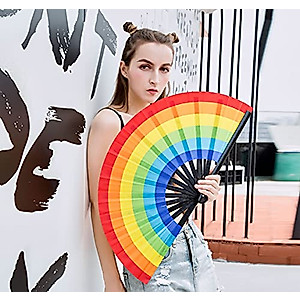 Amajiji Large Folding Hand Rave Fan for Women/Men, Chinease/Japanese Bamboo and Nylon-Cloth Folding Hand Fan, Hand Fan Festival Fan Gift Fan Craft Fan Folding Fan Dance Fan (Rainbow)