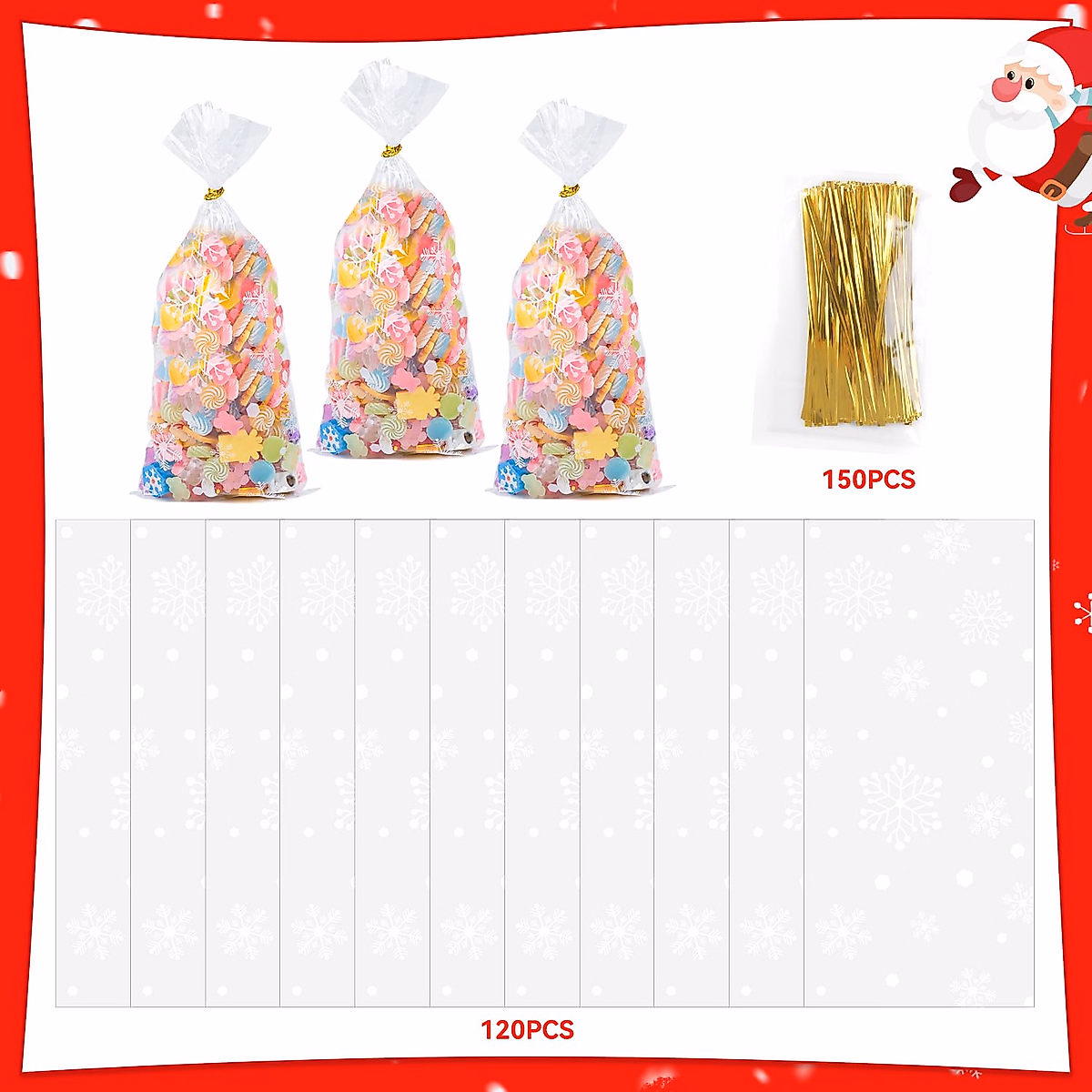 FOPINOA Snowflake Cellophane Bags, 120PCS Clear Christmas Treat Bags Snowflake Goodie Bags with 150 Twist Ties for Christmas Party Supplies