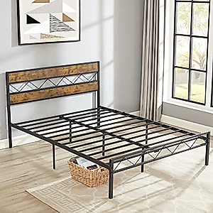 VECELO Queen Size Bed Frame with Wooden Headboard, Heavy Duty 14 Metal Slats Support, No Box Spring Needed, Platform Mattress Base, Under Bed Storage, Noise Free, Easy Assembly