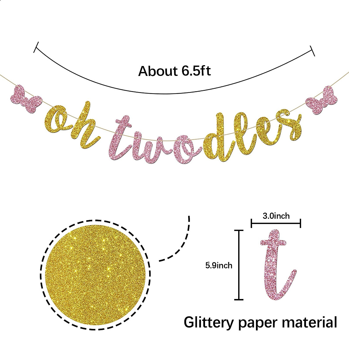 INNORU Oh Twodles Banner - Happy 2nd Birthday Party Decor for Girls - Cartoon Mouse Theme 2nd Birthday Party Decorations Supplies, Pink & Gold Glitter