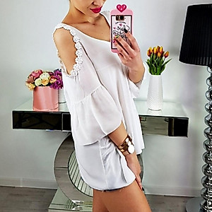 IEason Women's Solid Casual Lace Sexy Strapless 3/4 Sleeved O-Neck Blouse Tops (M, White)