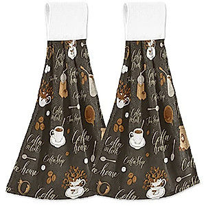 visesunny Hanging Tie Towels 2 Pack Kitchen Hand Towels Dishcloths Sets with Loop Tea Coffee Theme Retro Style Soft Cotton Absorbent Hand Towels for Bathroom Restaurant Hotel BBQ