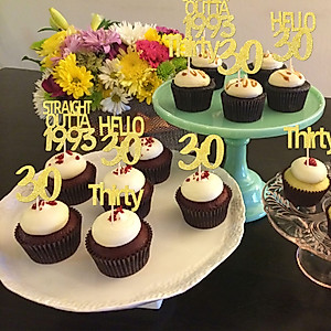 36PCS Happy 30th Birthday Cupcake Toppers Gold Glitter Thirty Hello 30 Straight Outta 1993 Cupcake Picks for Cheers to 30 Years Birthday Wedding Anniversary Party Cake Decorations Supplies