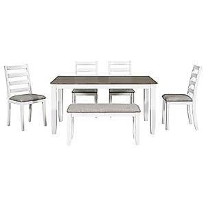 Penifun, Solid Wood Rectangular 4 Chairs and Bench with Cushion, Distressed Finish, Set of 6 (Brown + White Wash), Rustic 6-Piece Dining Room Table Set