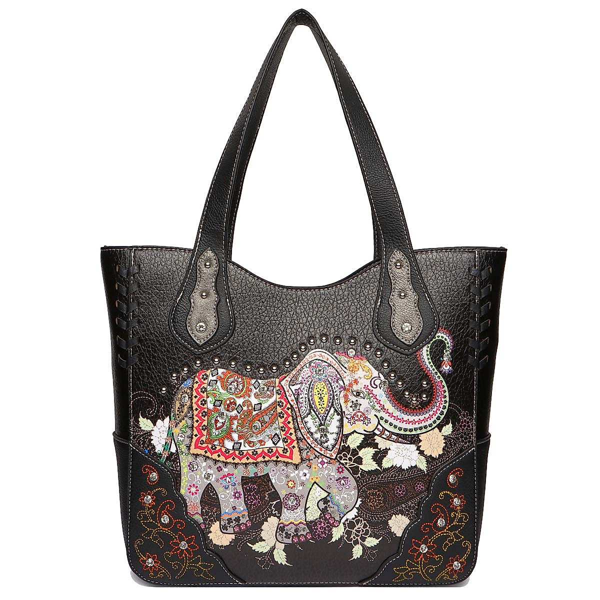 Elephant Rhinestone Studded Western Style Concealed Carry Purse Handbag Women Shoulder Bag Wallet Set (Black Set)