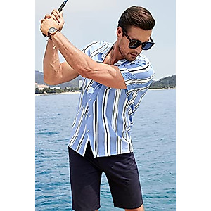 JMIERR Men's Hawaiian Striped Shirts Summer Casual Short Sleeve Button Down Beach Shirt with Pocket for Men, US 43(L), A2 Blue