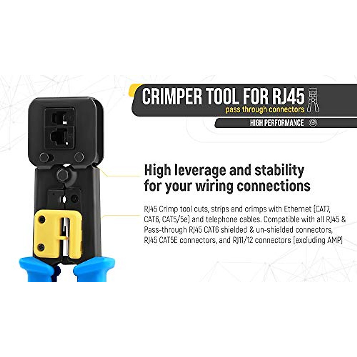 EMS RJ45 Crimp Tool Kit, With 50 Cat6 Pass Through Connectors and 50 Clear Cable Strain Relief Boots + Extra blades - EZ Cut, Strip, Crimp Ethernet Cables