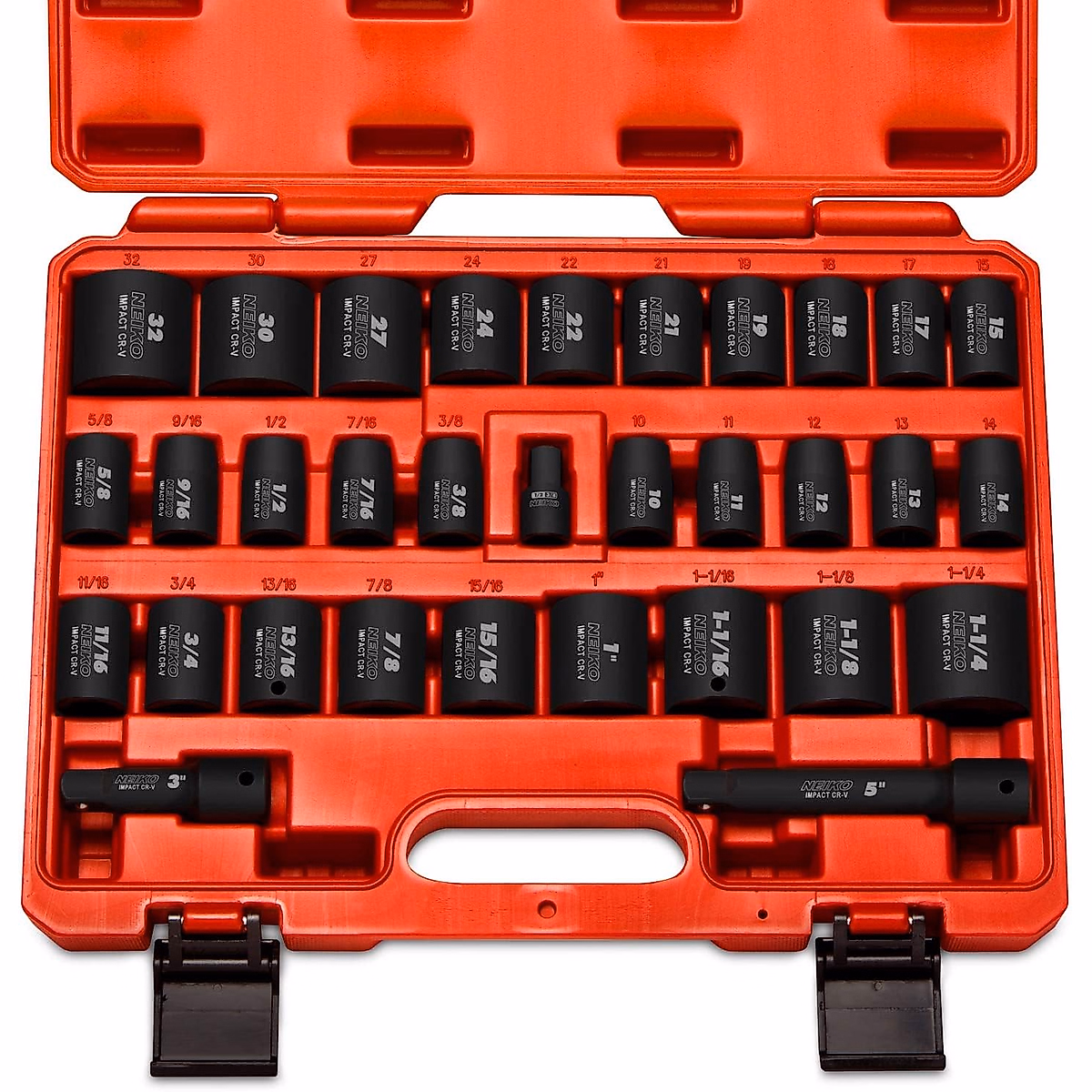 Neiko 02447A 1/2" Drive Master Impact Socket Set, 32 Piece Shallow Socket Assortment | Standard SAE (3/8-Inch to 1-1/4-Inch) and Metric (10-32 mm) Sizes | Cr-V Steel