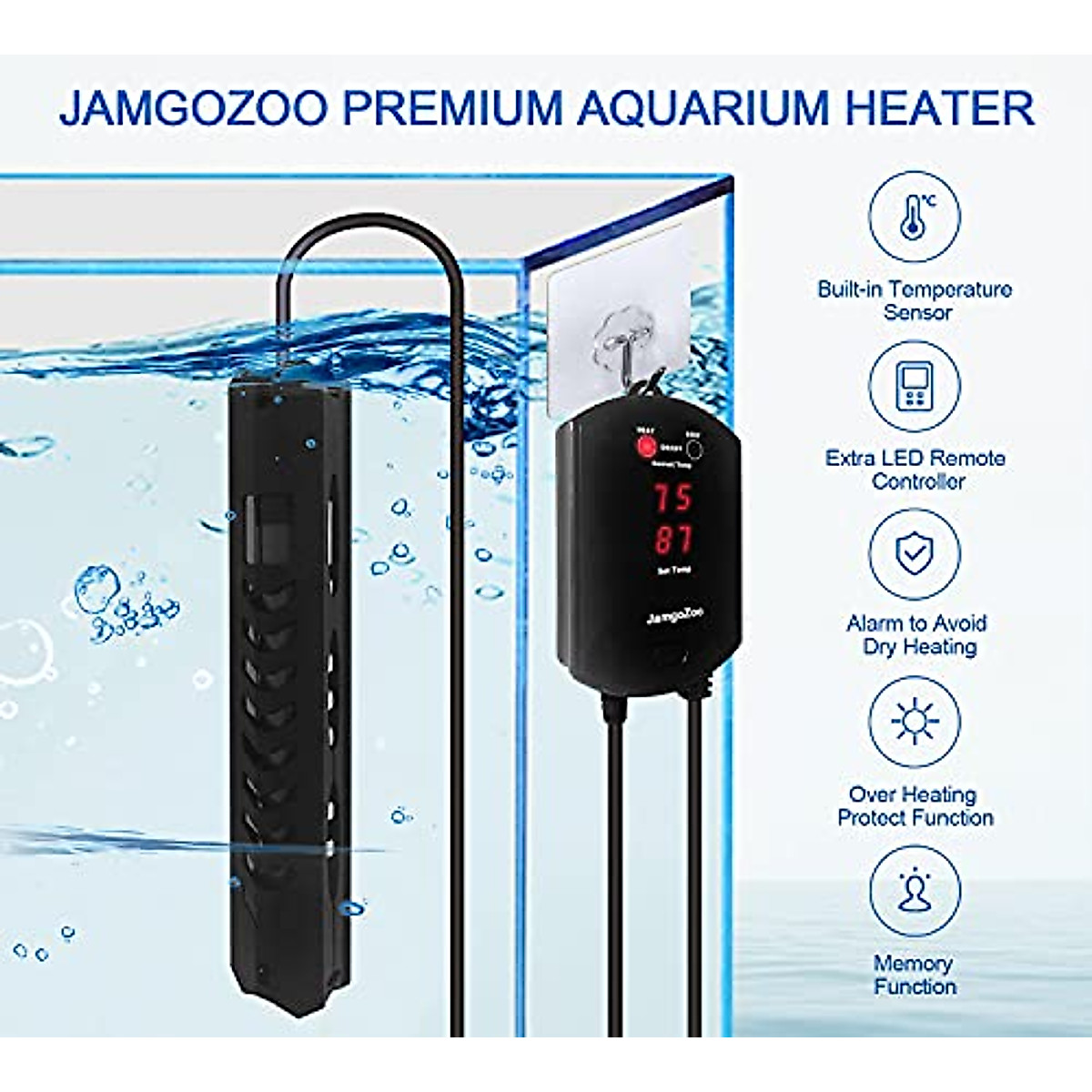 JamgoZoo Aquarium Heater with Thermostat: 100W/200W/300W/500W Fish Tank Heater, 200W Submersible Fresh & Saltwater Heater for Fish Tank with External Temperature Smart LED Display Controller