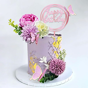 14 PCS Butterfly Cake Toppers Happy Birthday Cake Decorations with Artificial Purple Flowers Eucalyptus Butterflies for Girls Birthday Party Wedding Baby Shower Supplies (Purple)