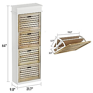 AGOTENI Tall Shoe Cabinet with 4 Flip Drawers, Narrow Storage Cabinet, Wood Shoe Storage for Hallway Entrance, White+Natural (21.7”W x 9.8”D x 64”H)