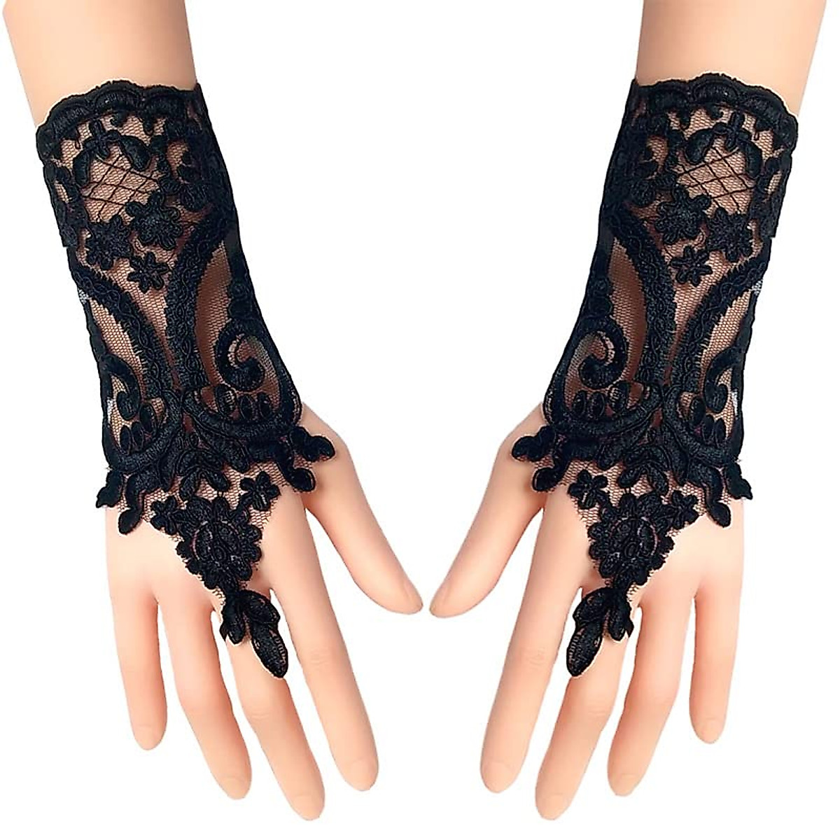 Latious Wedding Bride Lace Gloves Black Fingerless Bridal Gloves Floral Glove Party Prom Glove Accessories for Women and Brides