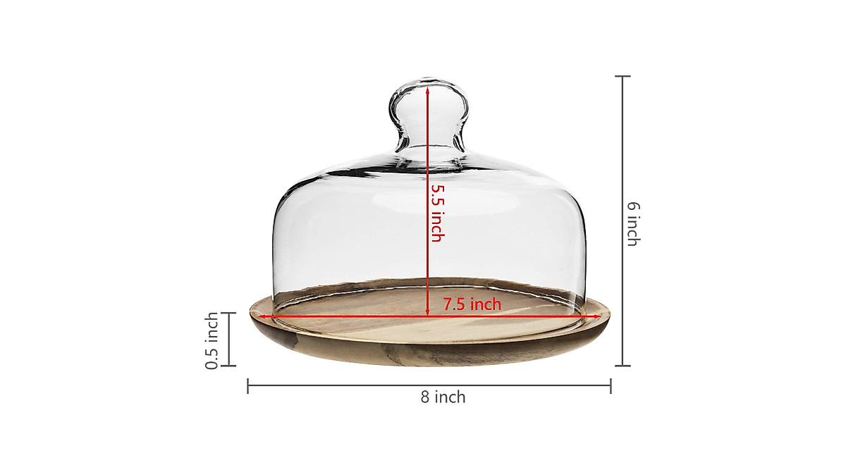 Elegant 7.5 Inch Glass Dessert Cloche with Wood Tray