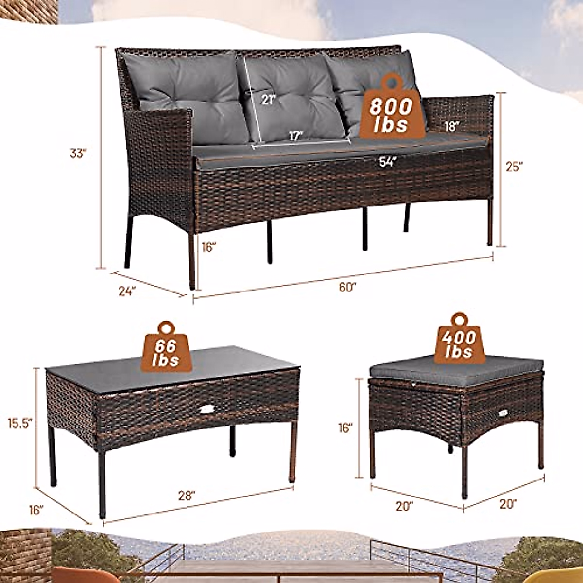 RELAX4LIFE 3 Pieces Patio Furniture Sectional Set, Rattan Wicker Conversation Set W/ 5 Cozy Seat & Back Cushions, Tempered Glass Coffee Table for Poolside, Balcony, Backyard Outdoor Furniture (Gray)