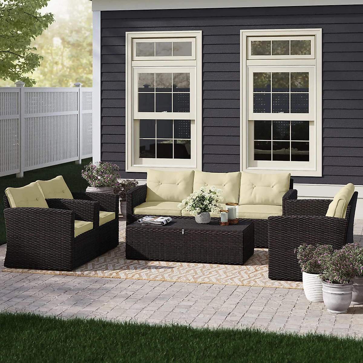 Thy-Hom Rio 5 Piece Outdoor Patio Furniture Sets, Patio Furniture Outdoor Sectional Sofa, All Weather Woven Wicker Patio Sofa Brown PE Rattan Patio Conversation Set w/Cushion and Table