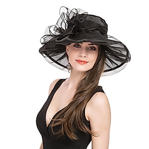 Lucky Leaf Women Church Cap Wide Brim Summer Sun Hat for Party Wedding(1-Black)
