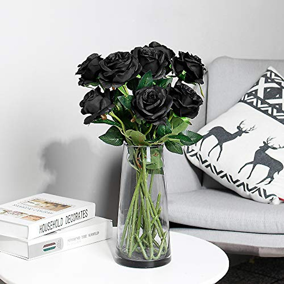 Luyue Artificial Silk Black Rose Flower Bouquet Wedding Party Home Decor, Pack of 10-Black