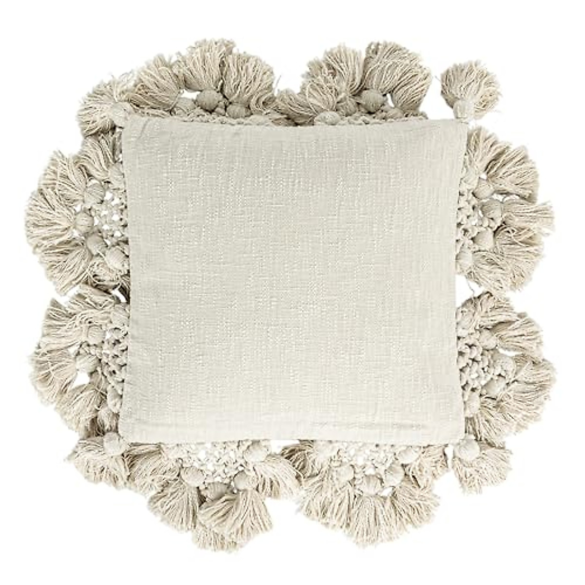 Creative Co-Op Cotton Slub Pillow with Crochet and Tassels, 1 Count (Pack of 1), Cream
