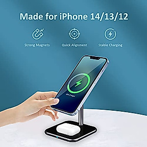 Aluminum 2 in 1 Magnetic Wireless Charger, Neluxfe Fast Charging Station Compatible with MagSafe Stand for iPhone 14, 13, 12, Pro Max and AirPods Pro (Black)