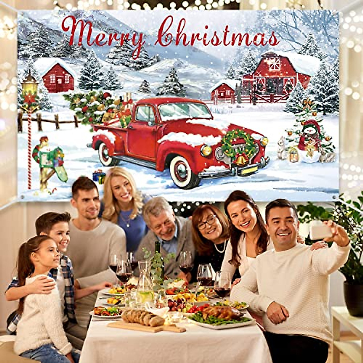 Christmas Red Truck Decoration Xmas Tree Farmhouse Rustic Backdrop Banner Red Car Snowflakes Photo Background for Merry Christmas Winter Holiday Party Home Decorations Supplies, 72.8 x 43.3 Inch