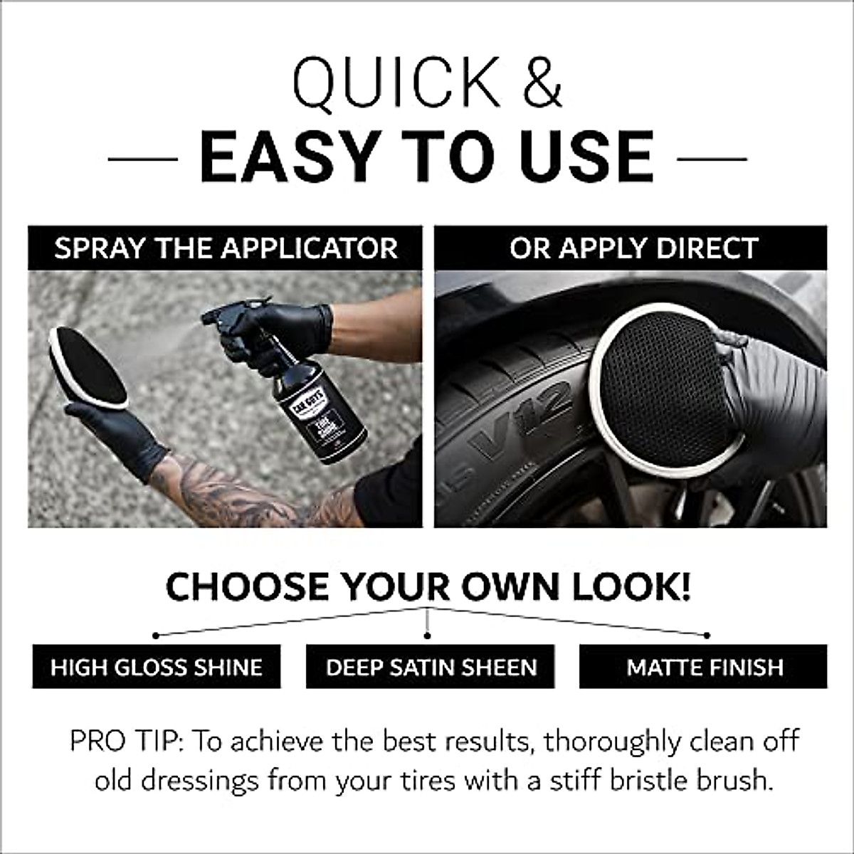 CAR GUYS Tire Shine Spray | The Perfect Shine | Durable and User Friendly Tire Dressing | Long Lasting UV Protection | 18 Oz Kit with Applicator Pad