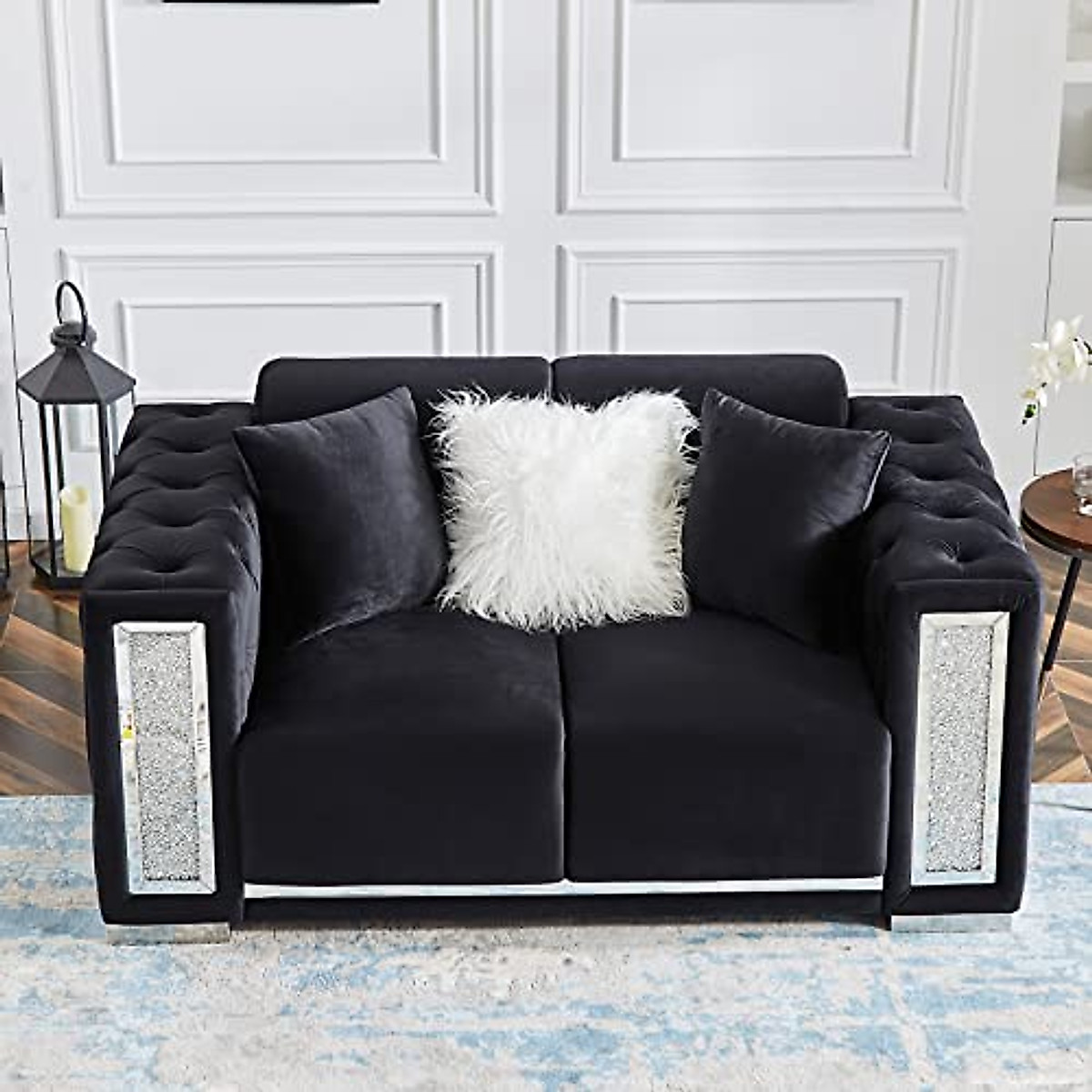 Melpomene Black Velvet Loveseat Sofa,Handmade Button Tufted Square Arm withFaux Diamonds, Mirrored Trim,Silver Metal Legs