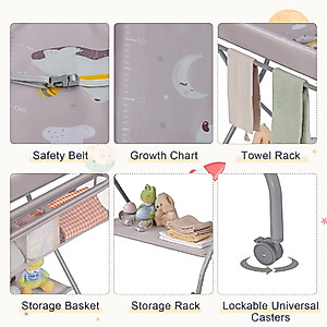 Costzon Portable Changing Table, Mobile Baby Changing Table with Wheels, Safety Belt, Large Storage Basket, Rack & Shelf, Folding Diaper Changing Station Nursery Organizer for Infant Newborn (Gray)