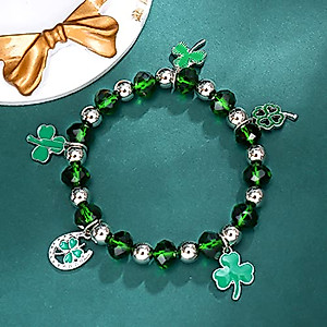 PHALIN St.Patrick’s Day Bracelets Lucky Leaf Shamrock Charm Bracelet for Women Girls Green Beaded Stretch Bracelet Festive Costume Party Accessory Gifts, crystal