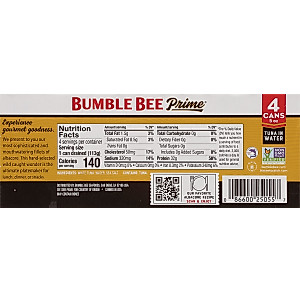 Bumble Bee Prime Solid White Albacore Tuna in Water,Premium Wild Caught Tuna - 31g Protein per Serving - Non-GMO Project Verified, Gluten Free, Kosher, 5 Ounce (Pack of 4)