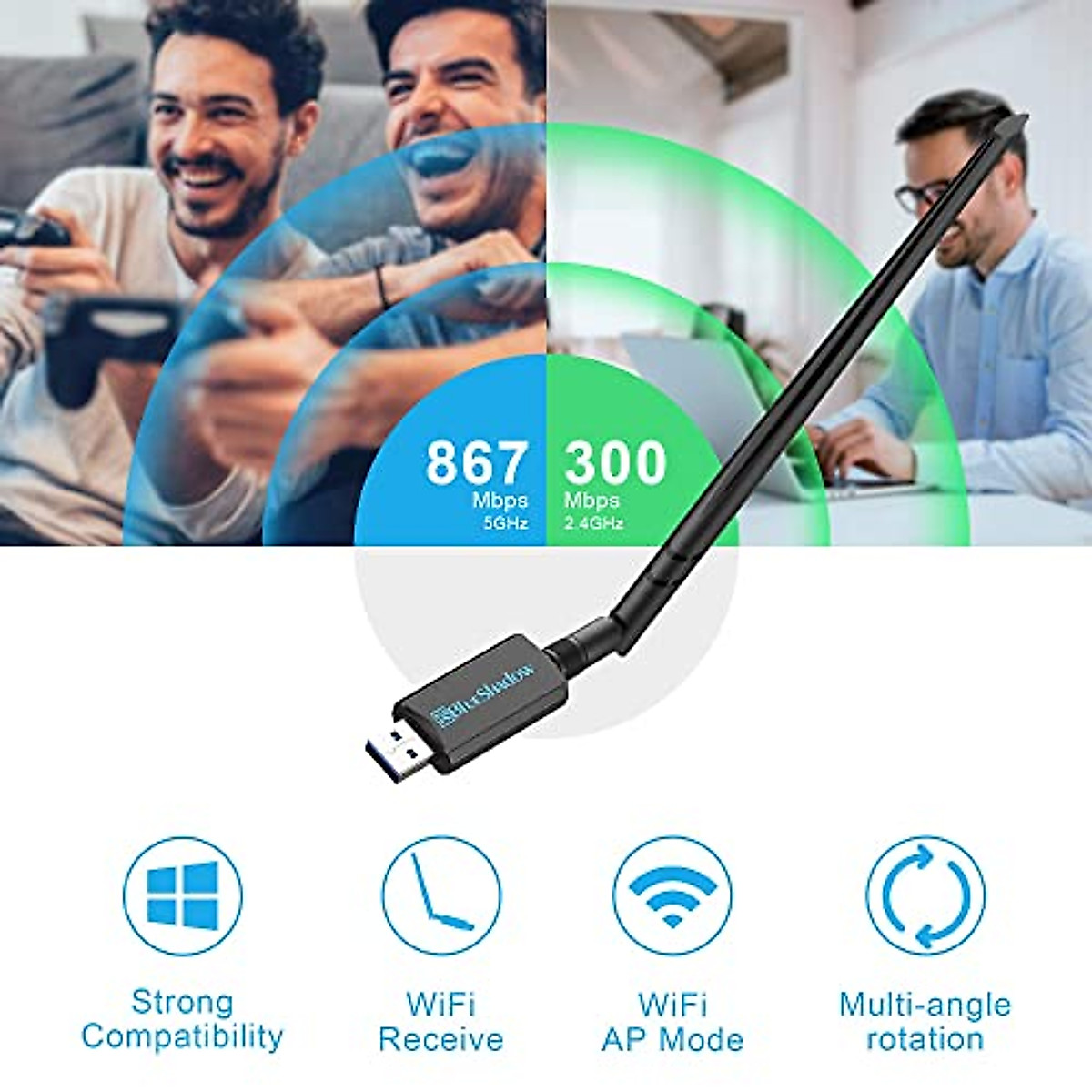 Blueshadow AC1200 USB WiFi Adapter - 2.4G/5G Dual Band Wireless Network Adapter for PC Desktop, MU-MIMO WiFi Dongle, USB 3.0, Supports Windows11/10/8/7/Vista/XP, /Mac OS X 10.5-10.15