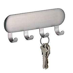 mDesign Metal Peel and Stick Adhesive 4 Hook Storage Rack - Wall Mount Organizer for Entryway, Mudroom, Hallway, Kitchen, Office - Holds Car/House Keys, Leashes - 2 Pack - Brushed Stainless Steel