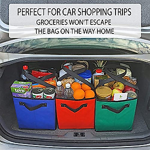 CLEVERFECT Reusable Grocery Box Bags. Large, Durable Heavy Duty Premium Quality Shopping Totes Set. Collapsible, Extra Long Handles & Reinforced Bottom, Pack of 3 (Red, Blue, Green) Eco Friendly