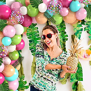 Amandir 140PCS Tropical Balloons Arch Garland Kit, Green Hot Pink Confetti Latex Balloons Palm Leaves for Tropical Hawaii Flamingo Birthday Baby Shower Wedding Party Decorations Supplies
